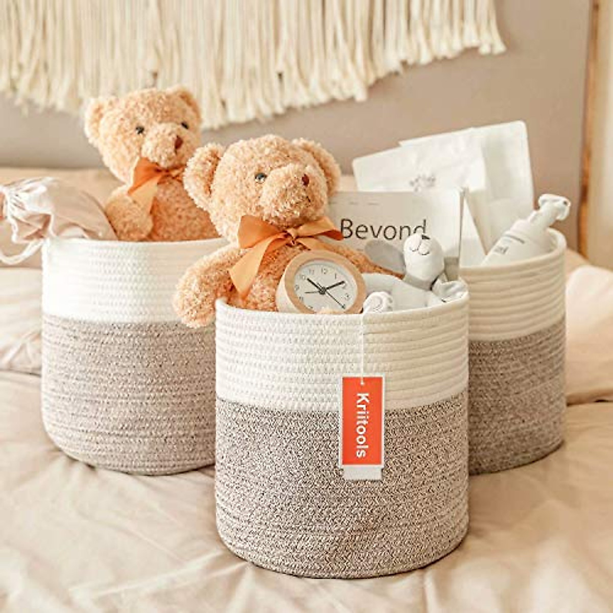 Kriitools Cotton Rope Storage Basket with Handles Set of 3,Small Laundry Basket Round Woven Storage Bins for Nursery,Kids&Pets Toys,Clothes Shelf Organizer|11x11x11”Cube Storage Bins(Brown,KT03WBR)