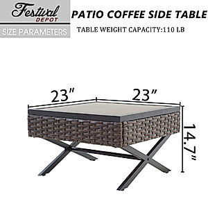 Festival Depot Patio Side Coffee Table Outdoor Bistro Dining Furniture with Wood Grain Top, Wicker Rattan and X Shaped Metal Steel Legs (Brown)