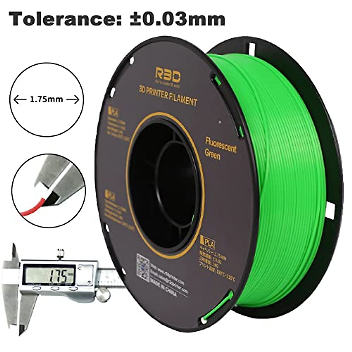 R3D PLA 3D Printer Filament,PLA Filament 1.75mm 1KG Spool (2.2lbs) Dimensional Accuracy +/- 0.03mm Fit Most FDM Printer(Fluorescent Green)