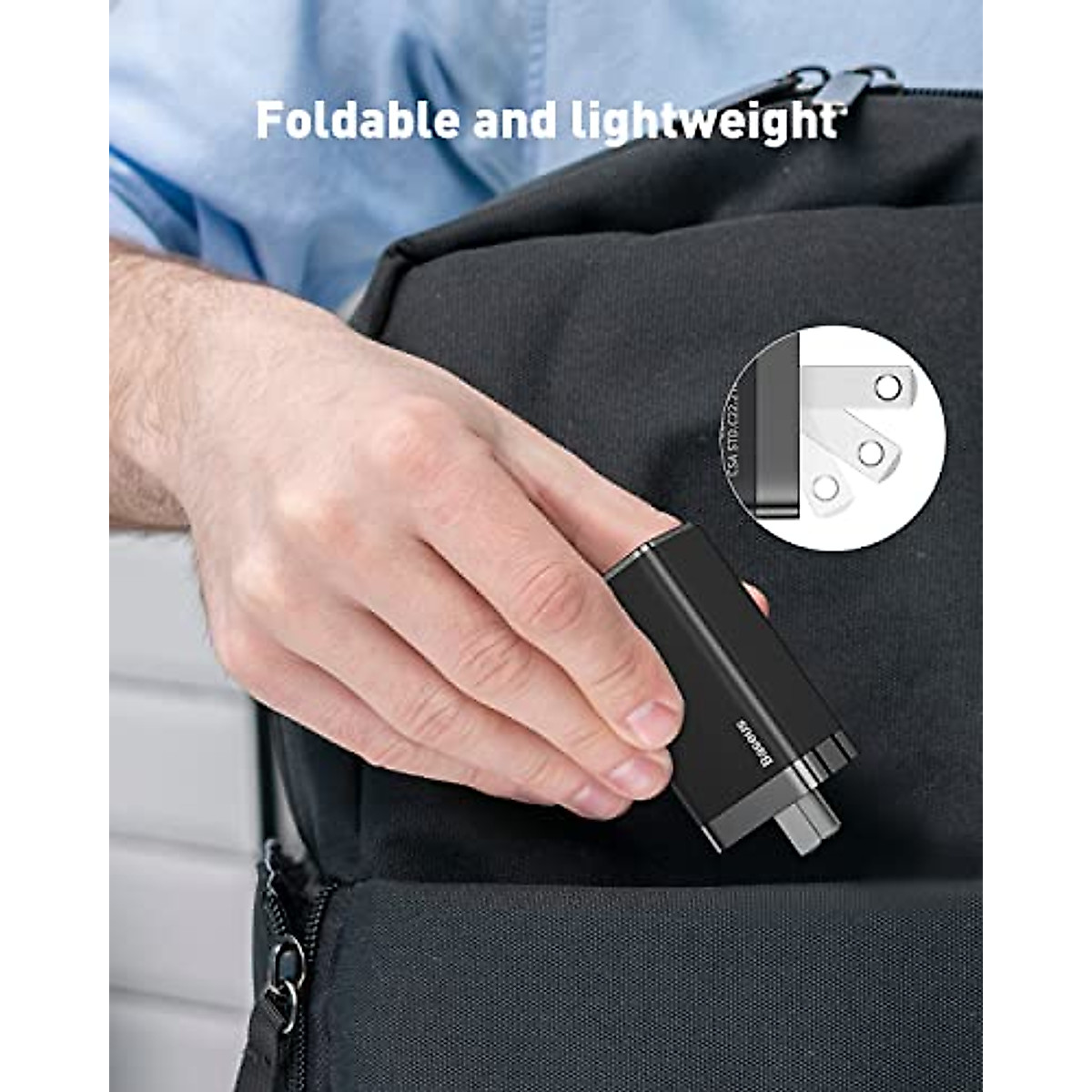 Baseus USB C Charger, 65W 3 Port Foldable USB C Wall Charger, Fast PD GaN Charger for iPhone 14/14 pro/13 Pro/13 Pro Max/SE/Mini/11/XR/XS, Steam Deck, Samsung S22+/S22, MacBook, iPad, Pixel 6, Black