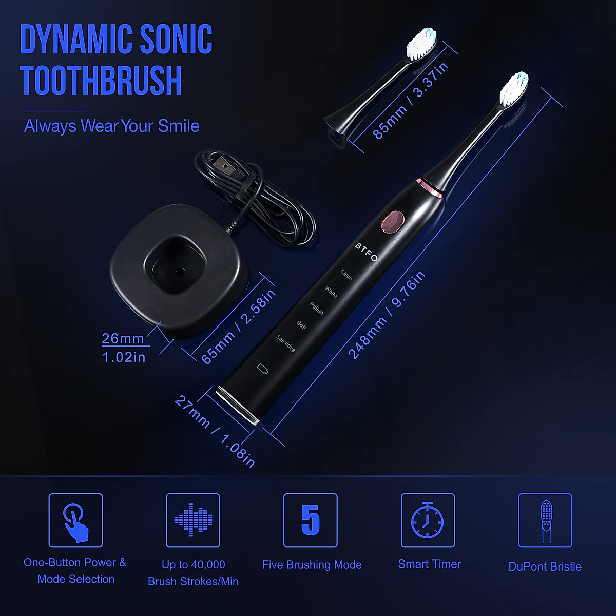 BTFO Electric Toothbrush with 5 Modes, 2pcs Replacement Brush Heads USB Rechargeable Smart Electronic Toothbrush with Holder for Adults IPX7 Waterproof Timing Fast Charging (Black, 1741-01)