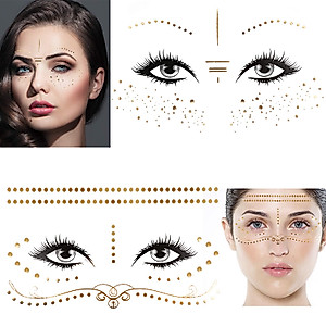 Konsait 8 Sheets Face Tattoo Sticker Metallic Temporary Transfer Tattoo Waterproof Face Jewels for Women Girls Make Up Dancer Costume Parties, Shimmer Glitter Gold Tattoos,Butterfly Star Freckle Scale