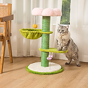 PET WONDERLAND Cute Cat Tree 29 Inches Pink Flower Cat Tower with Scratching Post for Small Cats,Green Cat Hammock Bed,Plush Perch,Cozy Platforms,Unique cat Scratcher,Cat Furniture for Indoor Cats