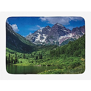 Tree Majestic Mountains and Fresh Forest Along Calm River Spring Scene Green and Azure Blue Bath Mats Non-Slip Absorbent Soft Plush Doormat Decor Bathroom Rugs for Kitchen Bedroom Floor Mat 16x24 inch