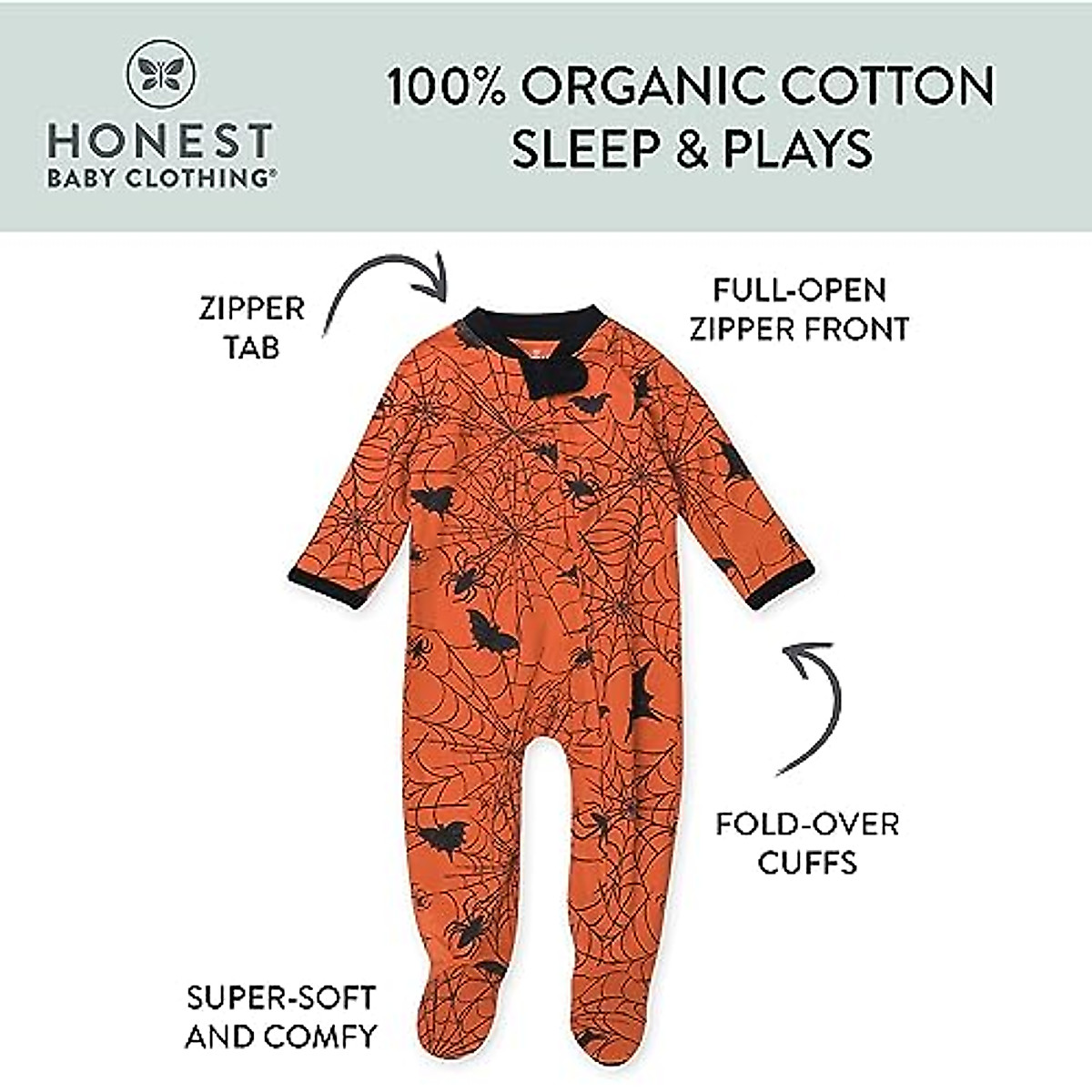 HonestBaby Sleep and Play Footed Pajamas One-Piece Sleeper Jumpsuit Zip-front PJs Organic Cotton for Baby Boys, Unisex, Batty, 0-3 Months