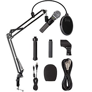 blucoil Samson Q2U USB XLR Dynamic Microphone for Windows, Mac, iOS Recording and Podcasting Bundle Boom Arm Plus Pop Filter