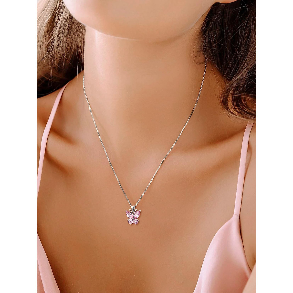 SILVERCUTE Pink Butterfly Pendant Necklace 925 Sterling Sterling Silver Cute Insect Animal Pendant & Chain for Women