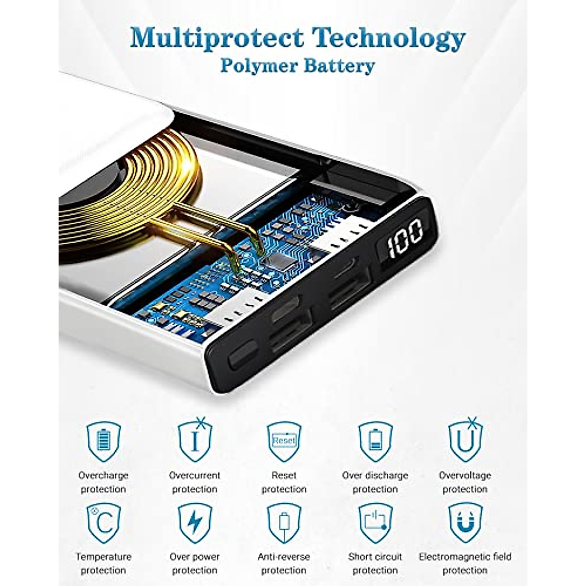 15W Wireless Portable Charger, 22.5W PD20W QC3.0 USB-C Fast Charging 10000mAh Power Bank LED Display, 2 Inputs and 4 Outputs, Slim & Light External Battery Pack for iPhone iPad Airpod Samsung LG Sony