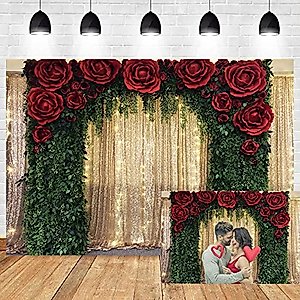 OERJU Wedding Backdrop for Reception Wedding Floral Wall Backdrop Red Rose Flowers Gold Curtain Photo Background Bridal Shower Marriage Anniversary Engagement Party Decor Photo Studio Props 5x3ft
