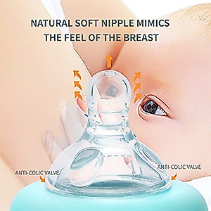 Baby Bottle Glass Wide Neck, Closer to Breastfeeding, Slow Flow Nipple, Anti-Colic, 4 Ounce, 2 Count (Blue)