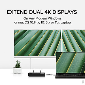 Plugable 4K DisplayPort and HDMI Dual Monitor Adapter with Ethernet for USB 3.0 and USB-C, Compatible with Windows and Mac