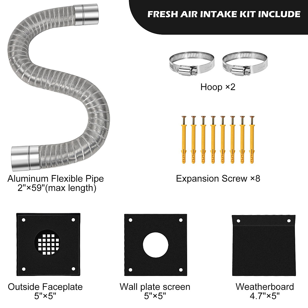 Pellet Stove Vent Pipe Kit, Pellet Stove Fresh Airs Intake Kit, Pellet Stove Exhaust Pipe Kit Includes 2"x59" Aluminum Flexible Pipe, Protective Screen and 2 Screw Clamps
