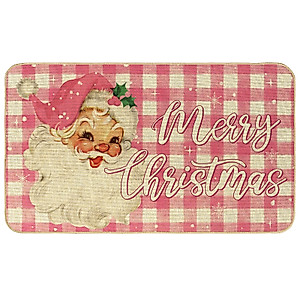 AnyDesign Merry Christmas Outdoor Doormat Pink Santa Claus Floor Mat Plaid Non-Slip Decorative Entrance Door Rugs for Xmas Home Front Door Bathroom Porch, 17 x 29 Inch