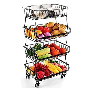 Fruit Vegetable Storage Basket for Kitchen - 4 Tier Stackable Metal Wire Baskets Cart with Rolling Wheels Utility Fruits Rack Produce Snack Organizer Bins