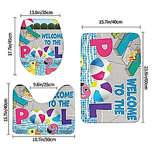3 Pieces Bathroom Rugs Set Flamingo and Swimming Pool Print 3 Pieces Bathroom Rugs Set Bath Mat+Contour+Toilet Lid Cover Bathroom Antiskid Pad
