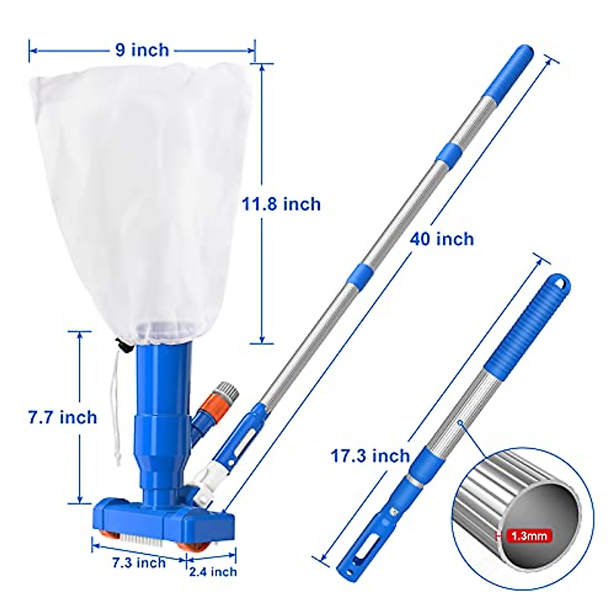 CKE Upgraded Portable 40" Pool Spa Pond Mini Jet Underwater Vacuum Cleaner w/Brush, Bag, Adjustable 3 Piece Expandable Step-Up Thicken Telescopic Pole with Universal Fit Handle-Attaches to Garden Hose