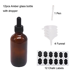 BPFY 12 Pack 4oz Glass Dropper Bottles for Essential Oil 120ml Amber Round Glass Boston Bottle With Black Glass Eye Dropper for Massage Oil, Perfume & Lab, Refillable Glass Bottle for Travel