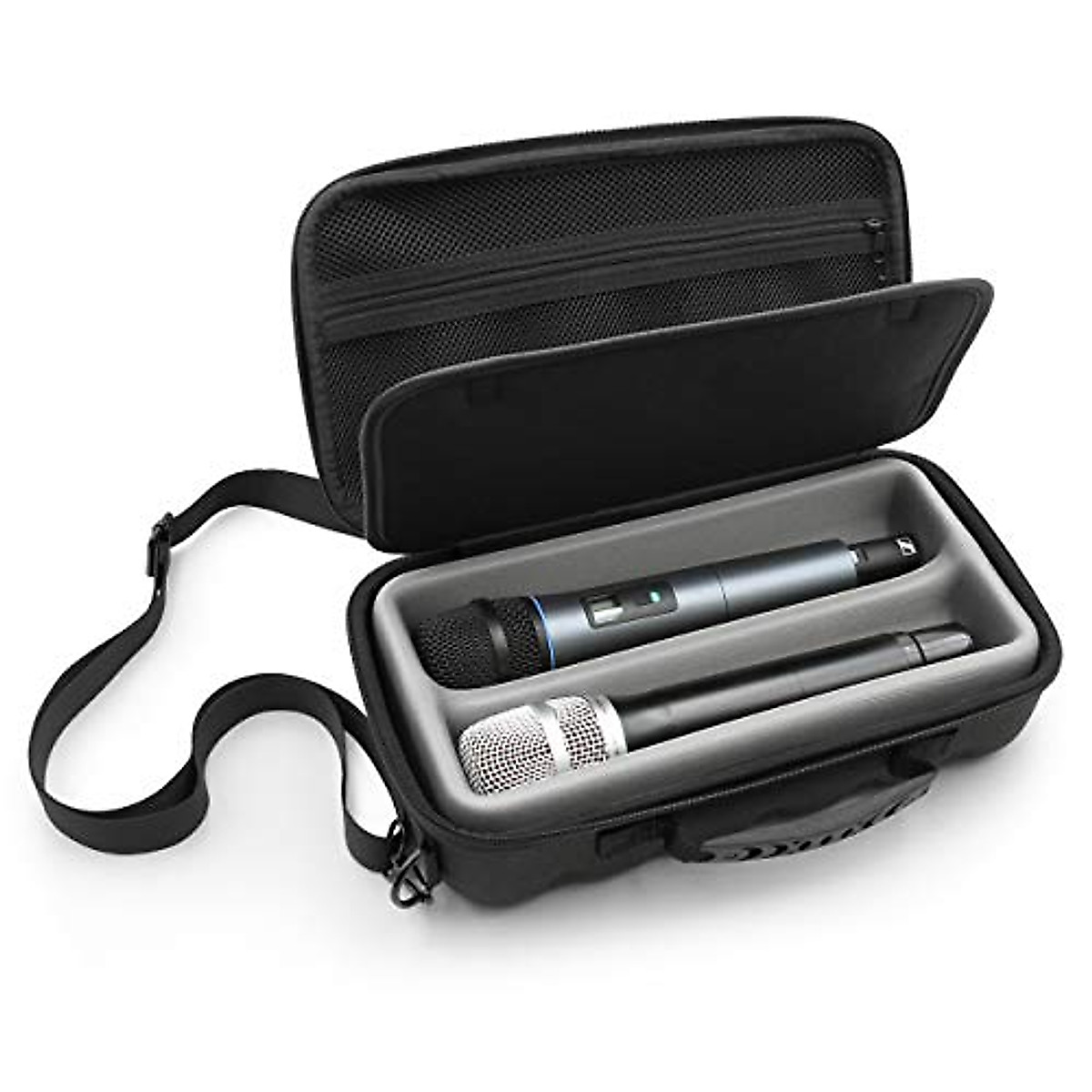 CASEMATIX Wireless Microphone Case Compatible with Two Wireless Mic System Microphones Up To 10.5" by Sennheiser, Shure and More - Sleek Mic Case For Travel with Lid Storage for Singing or Karaoke