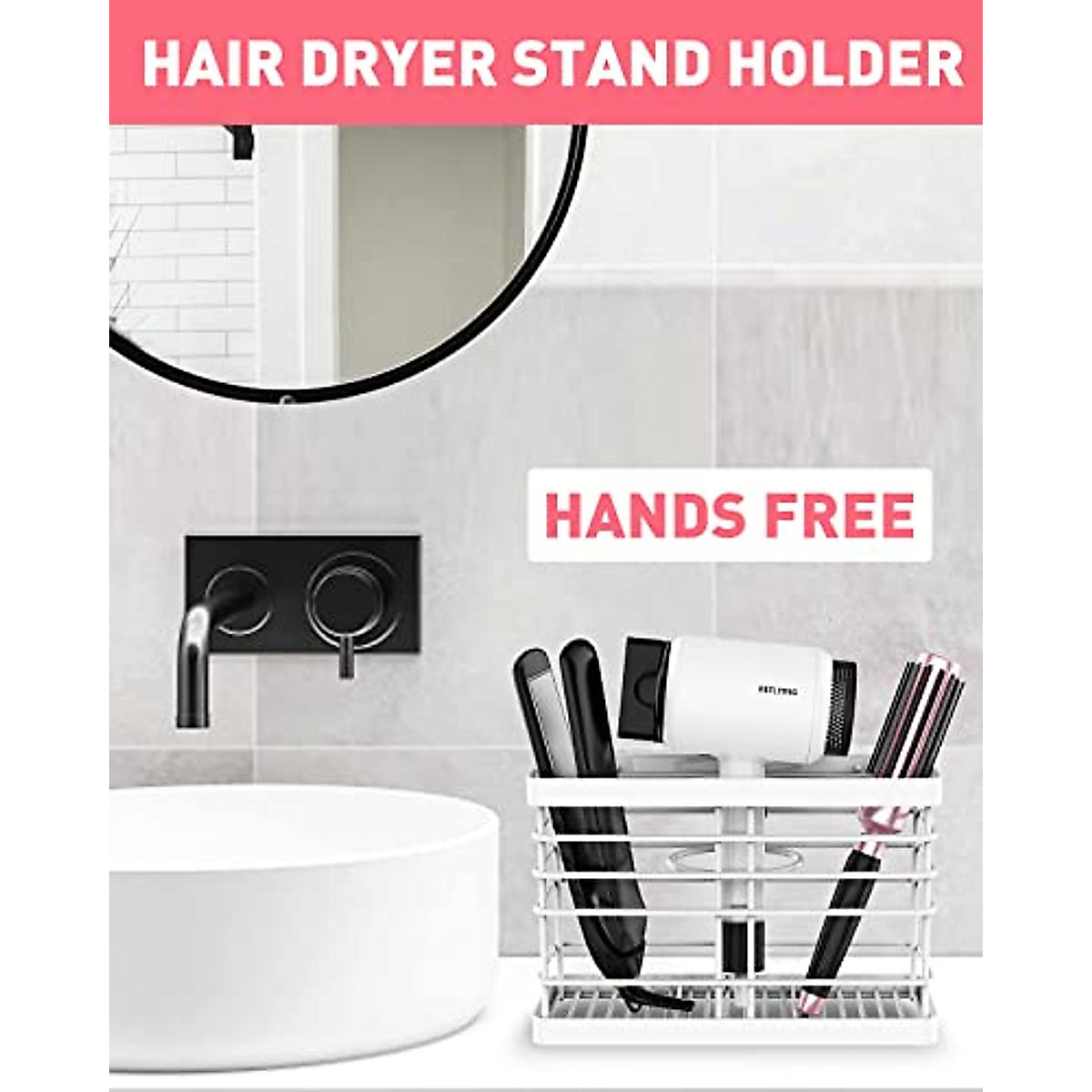 Hair Dryer Holder, REFLYING White Hair Dryer Organizer Wall Mounted, 8 Adjustable Height, Over Door Cabinet Hair Dryer Stand Holder Hands Free, Hair Dryer Holder Stand, Hair Straighteners,3 Sections