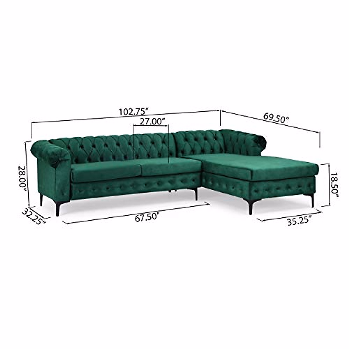 Christopher Knight Home Frieda Velvet 3 Seater Sectional Sofa with Chaise Lounge, Emerald, Black