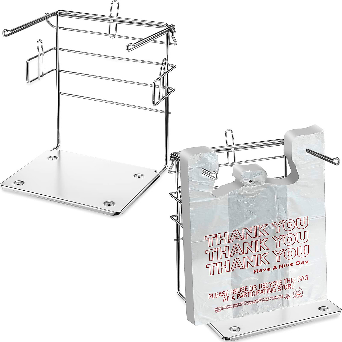 2 Pack Plastic Grocery Bag Holder Fits 11½" W x 6.5" D x 21" H Bag Unit Measures 12" W x 12" l x 16" H Chrome T Shirt Bag Rack with Metal Base for Restaurant, Business, Office, Home, Kitchen, Garage
