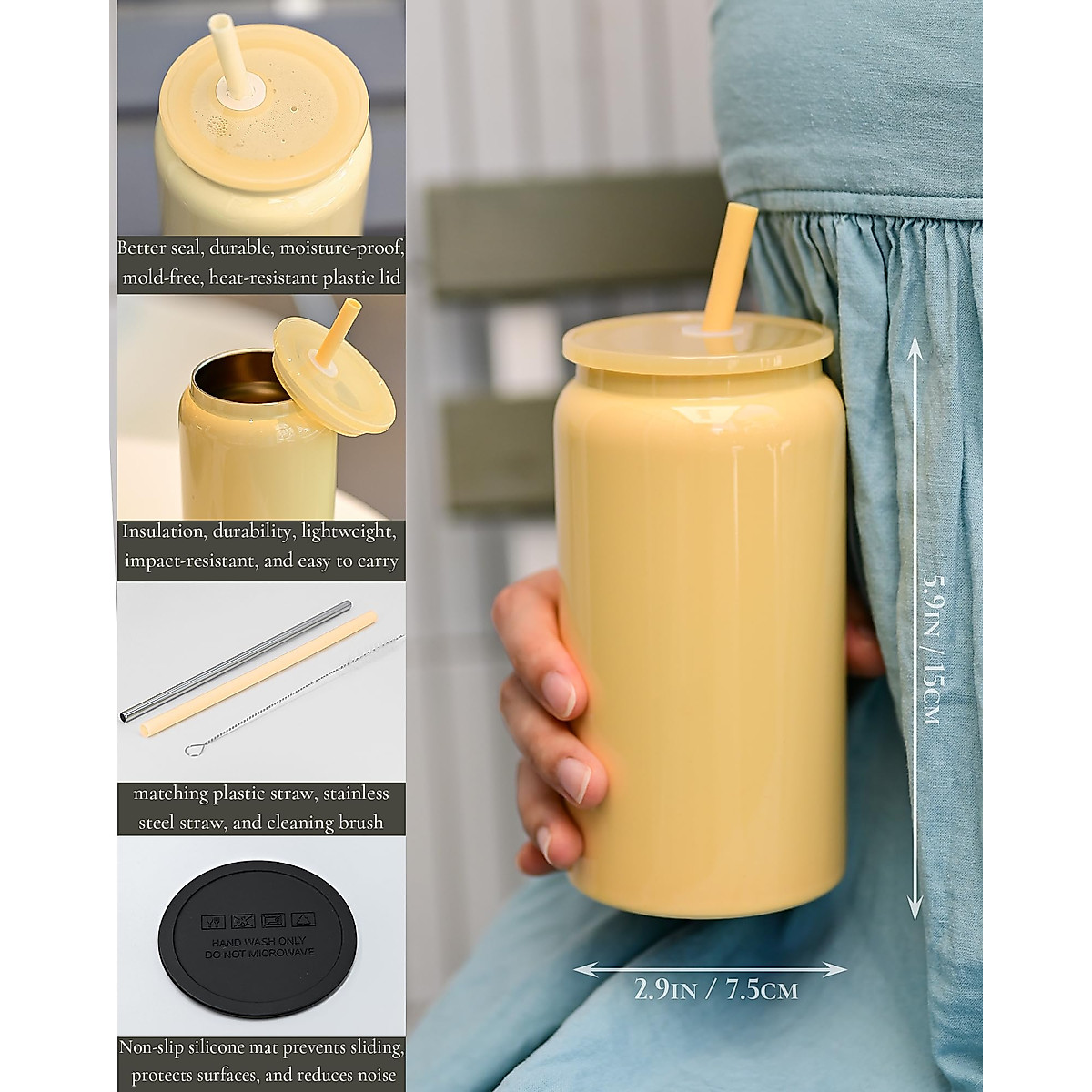 UIRZOTN 6 Pack Glass Cups with Lids and Straws, 16oz Stainless Steels Can Shaped Glass Cups, Beer Cups, Iced Coffee Cups, Smoothie Cup for Whiskey, Soda, Tea, Water, Sublimation Cups with Coaster