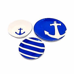 Camco Blue and White Nautical Design 12 Piece Dishware Set- Includes Marine Style Plates and Bowls | Perfect Boating, Sailing, Fishing, The Beach and More | Melamine Material -(41951)