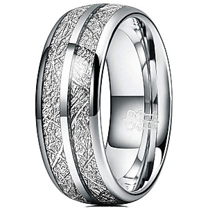 THREE KEYS JEWELRY Tungsten Carbide Mens 8mm Hunting Viking Meteorite Wedding Band Ring with Polish for Men Inlay Engrave Engagement Silver Size 12