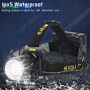 Aikertec Headlamp Rechargeable, 150000LM Super Bright Headlamp for Adults with Motion Sensors, 7 Modes, Zoomable, IP68 Waterproof Head Flashlight for Camping Hunting Fishing (Batteries Included)