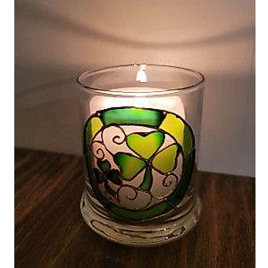 Green Shamrock Four Leaf Clover Hand Painted Stained Glass Candle Holder St Patrick's Day Decor
