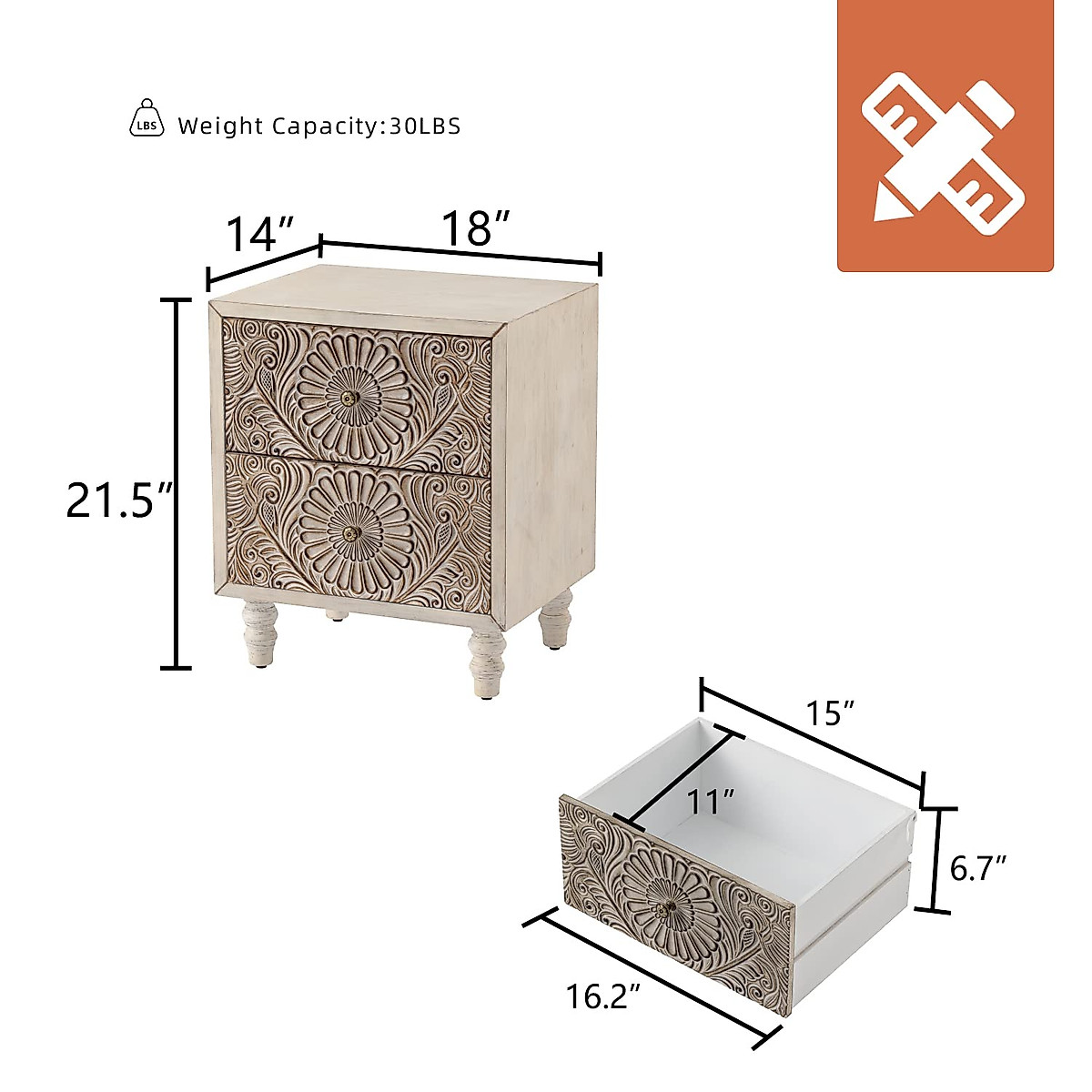 HOMPUS Nightstand, Rustic End Table with 2 Pattern Carved Drawers, Vintage Night Stand with 4 Wood Legs, Small Dresser for Bedroom, Living Room, Light Grey Grain
