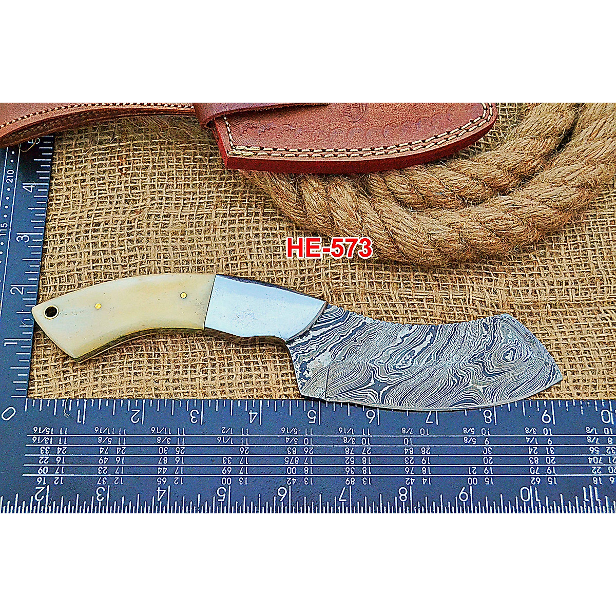 HUNTEX Handmade Hand-Forged Twist Pattern Damascus Steel 9 Inch Long Full Tang Natural Camel Bone Handle Razor Sharp Hunting Camping Cleaver Knife w/Genuine Leather Sheath