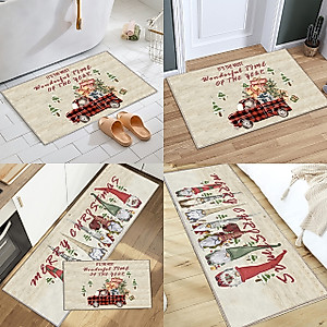 LUOWAN Christmas Gnomes Truck Tree 2 Piece Kitchen Mat Set, Farmhouse Non-Slip Anti-Fatigue Wooden Grain Standing Mats, Retro Xmas Comfort Throw Rug for Kitchen Laundry Office, 17"x29"+17"x47"