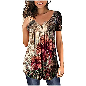 Womens Tunic Tops 2022 Summer Fall Casual Dressy Short Sleeve T Shirts Floral Cute Tees Loose Fit Trendy Blouses for Leggings, Green-03