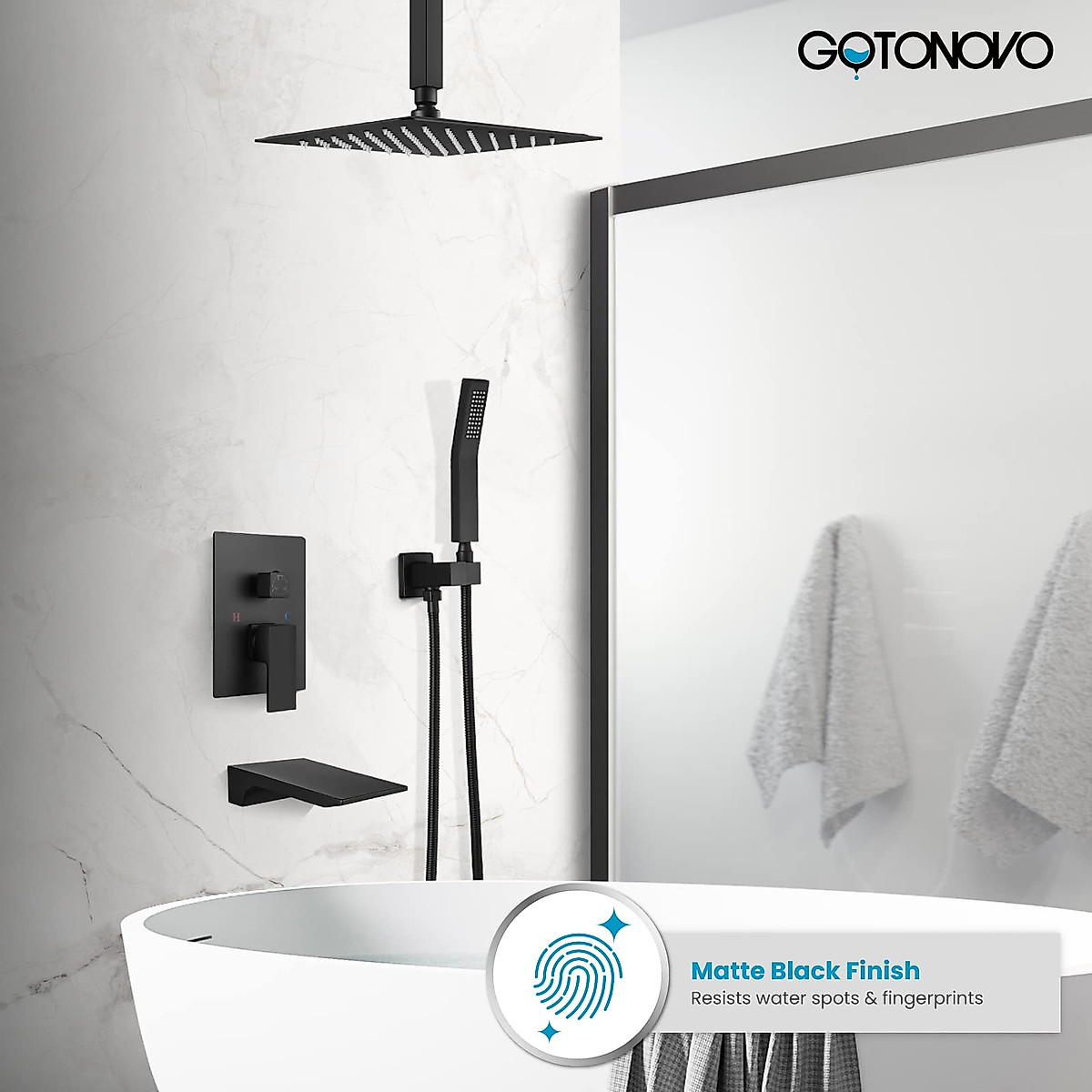 gotonovo Rain Mixer Shower Faucet Set Combo with Waterfall Tub Spout Rain Shower System Ceiling Mount Rainfall Shower Head with Handheld Spray Rough-in Valve and Trim Included Matte Black 12''