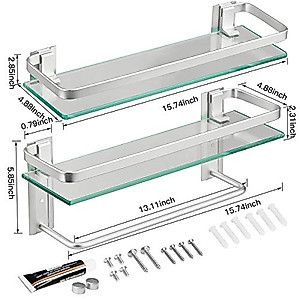 VOLPONE Glass Bathroom Shelf 15.7in Bathroom Shelf Wall Mounted Floating Glass Shelves with Towel Holder Glass Shower Shelf 2 Tier (Sliver)