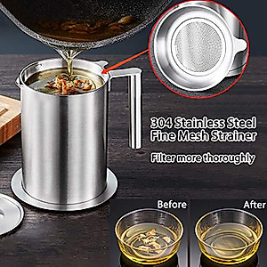 Sumerflos 1.8 L/1.9 Quart Stainless Steel Grease Strainer and Container - Large Oil Storage Pot Grease Keeper with Dust-Proof Lid & Easy Grip Handle - for Bacon, Kitchen Cooking or Frying Oil