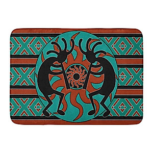 Teal Southwestern Kokopelli Southwest Design Bath Mat, Native American Indian Flute Bathroom Rugs Soft Bath Rugs Non Slip, Washable Floor Rug Floor Mat Home Decor for Kitchen Bedroom(16x24)