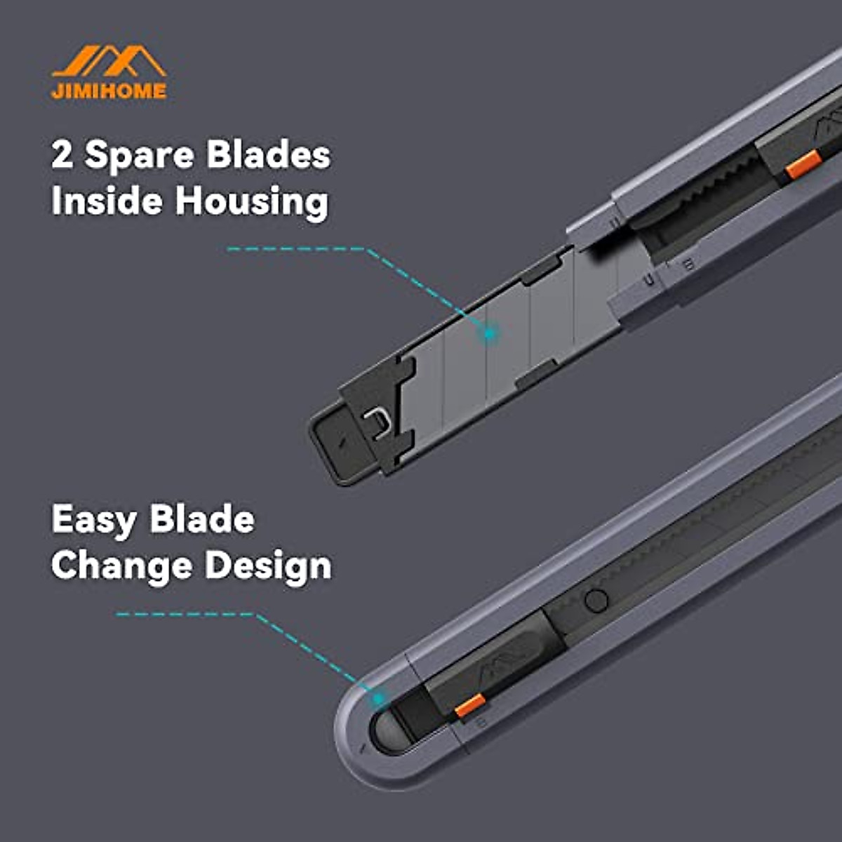 JIMIHOME Household Tool Essential Utility Knife Pack（2 PCS）Stainless Steel ABS Retractable SK2 Snap-off Blade Snapper 2 Spare Blades Change Light Duty Home Office Box Carton Cardboard Paper Cut