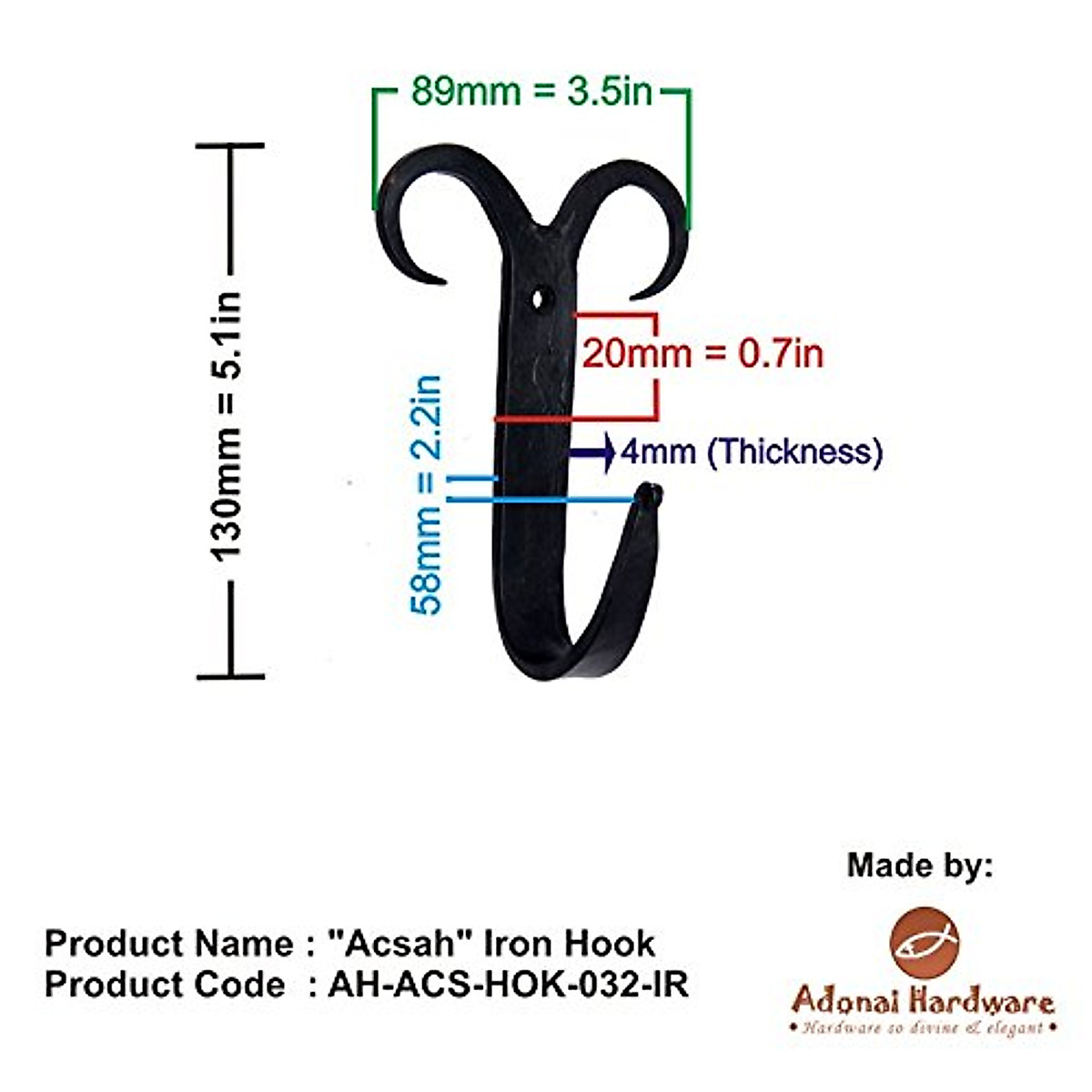 Adonai Hardware Acsah Black Antique Iron Hook (Supplied as 2 Pieces per Pack)