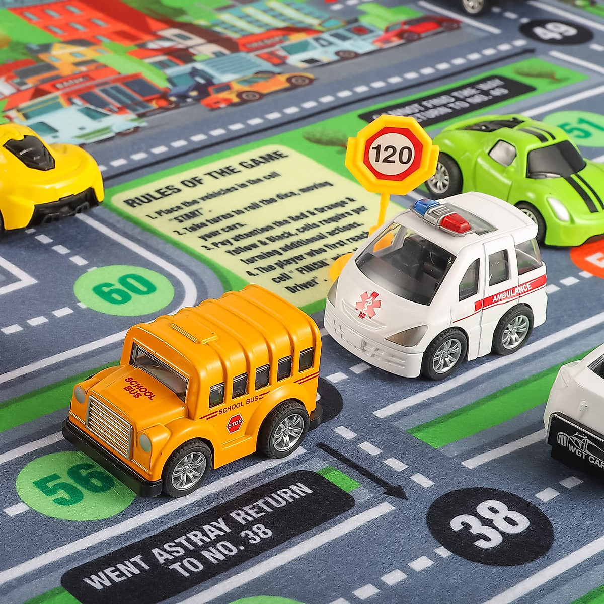 Mathea Car Toys for 1-Year-Old Boy (with Carpet) Pull Back Vehicle Car Set Metal Die-cast Friction Powered Cars Birthday Gift for 1 2 3 Year-Old Boys Girls