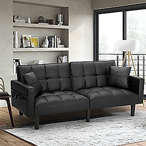 AVAWING Futon Sofa Bed, Modern Leather Convertible Sofa Bed Upholstered Sleeper Sofa Couch Bed with Adjustable Back, Arms and High Strength Nylon Legs for Living Room, Apartment, Office（Black）