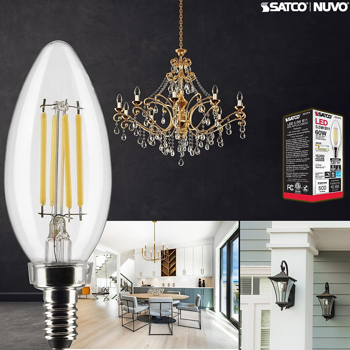 Satco S21274 5.5 Watt B11 LED Bulb - 3000K - 120 Volt (2 Pack)