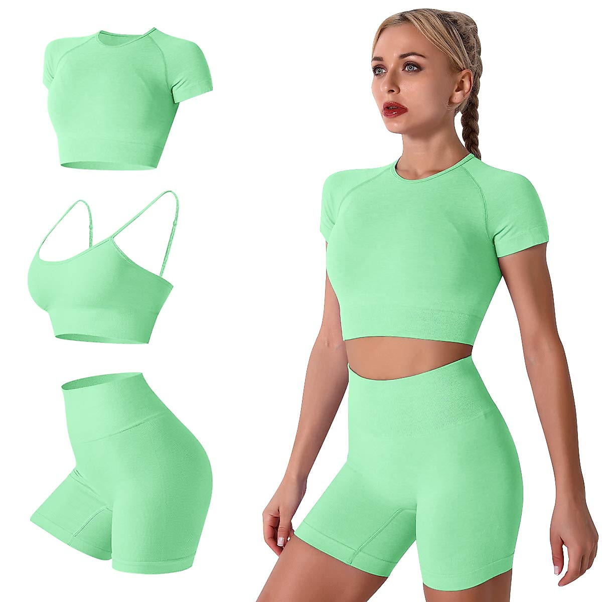 Women's Seamless Yoga Outfits 3 Pieces Workout Short Sleeve Crop Top + Camisole Tank Sports Bra + High Waisted Running Shorts Sets Activewear Athletic Fitness Tracksuit Gym Clothes Mint Green Small
