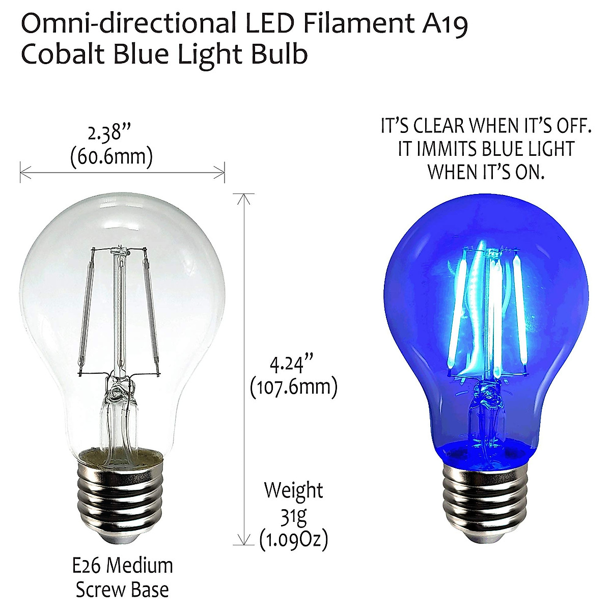 AmeriLuck Cobalt Blue Colored LED Filament A19 Light Bulbs, 40W Equivalent (4W), E26 Medium Base (Blue, 2 Pack)