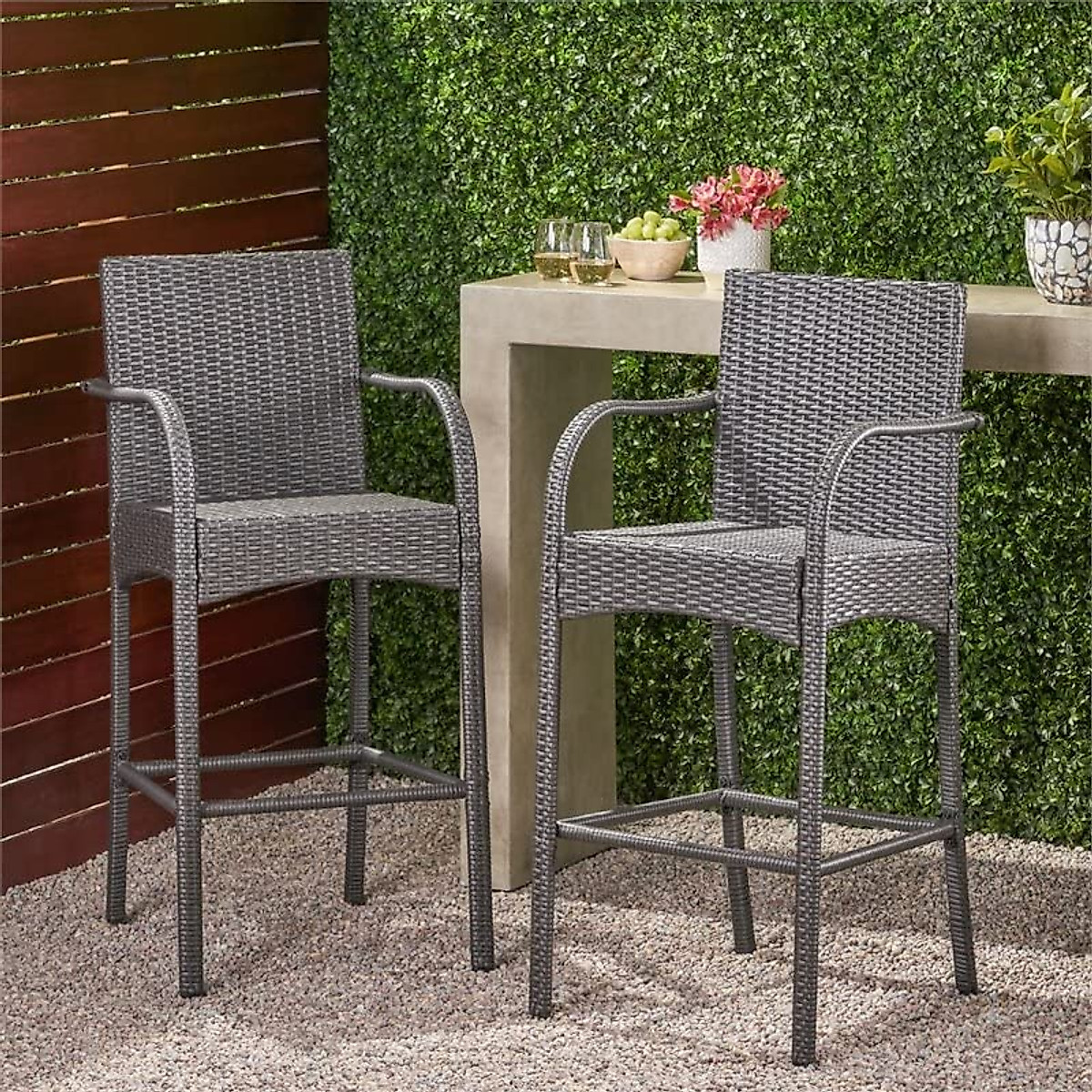GDF Studio Dora Outdoor Wicker Barstool Chair (Set of 2), Gray