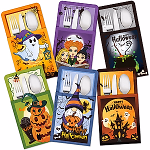 Whaline 18Pcs Halloween Cutlery Holder Set 6 Designs Witch Ghost Pumpkin Gnome Patterned Silverware Holder Paper Pocket Creepy Cartoon Tableware Utensil Holder for Dinner Party Supplies