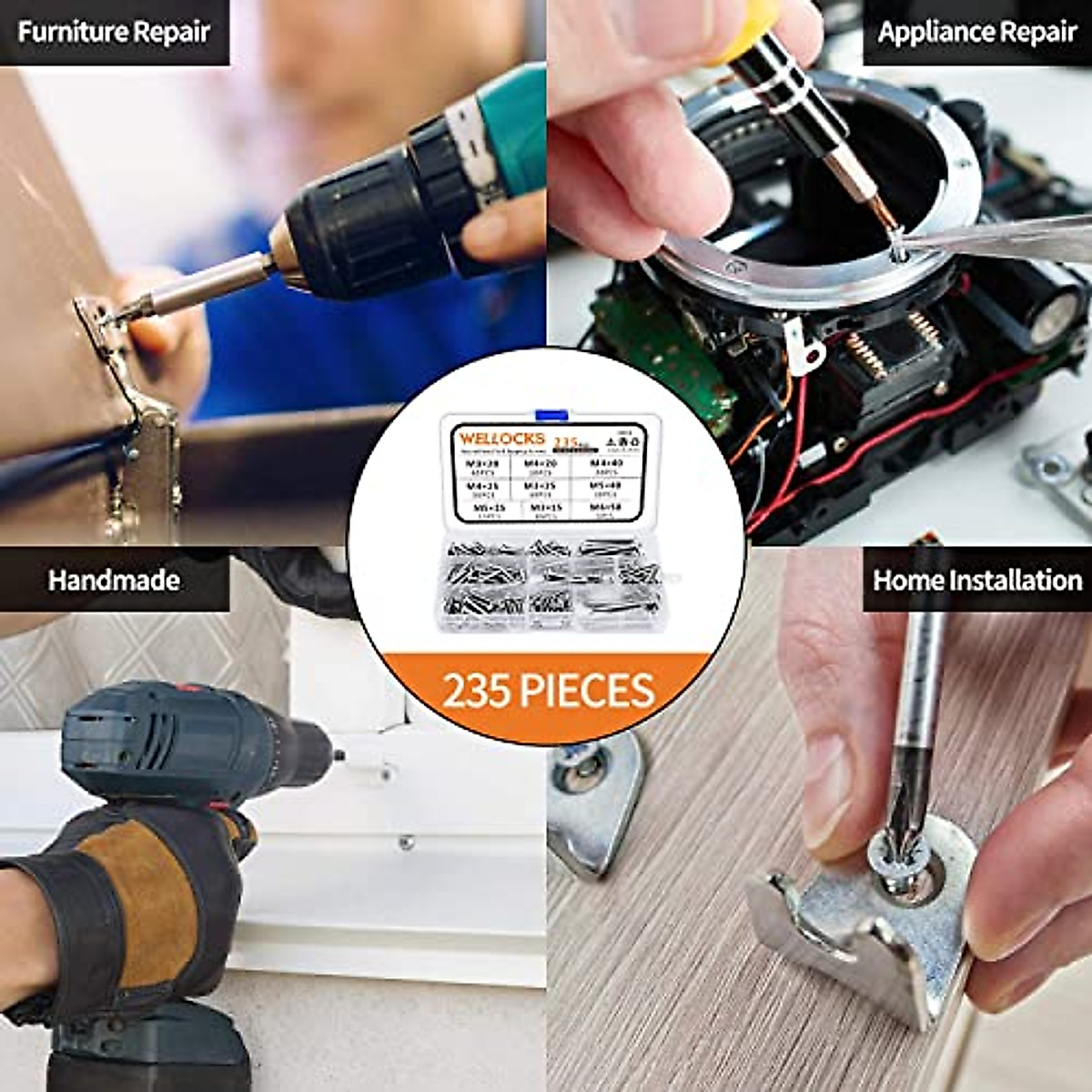 WELLOCKS Wood Screws 235 PCS 304 Stainless Steel M3/M4/M5/M6 Round Head Self Tapping Screws Assortment Set Rust Proof Wood Screw Kit with Storage Box for Homemade, Repairment, Woodwork Indoor(D035)