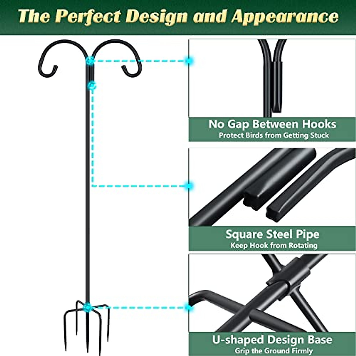 Gtongoko 92 Inch 2 Pack Adjustable Double Shepherd Hook for Outdoor with 5 Prong Base, 5/8 Inch Thick Heavy Duty Bird Feeder Pole for Bird Feeder Lanterns Weddings Decor