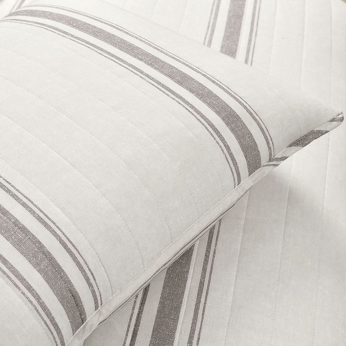 Lush Decor Farmhouse Stripe Reversible Cotton Quilt Set - 3 Piece Cozy Pinstripe Bedding Set - Classic Modern Rustic Charm Bedroom Decor - King/ California King, Blue